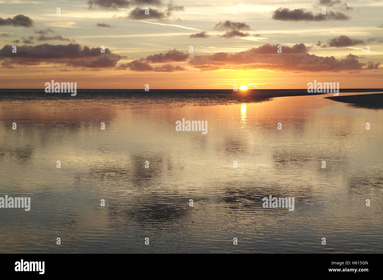 Yellow sun rays shining water channel centre mid distance hi-res stock ...
