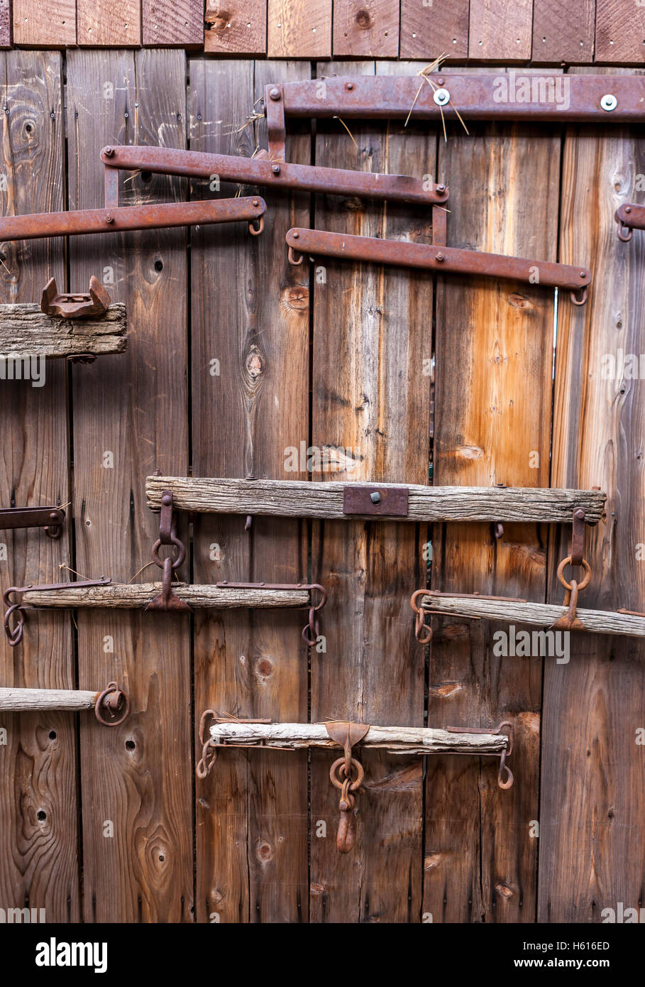 Display of old levelers and singletrees Stock Photo - Alamy