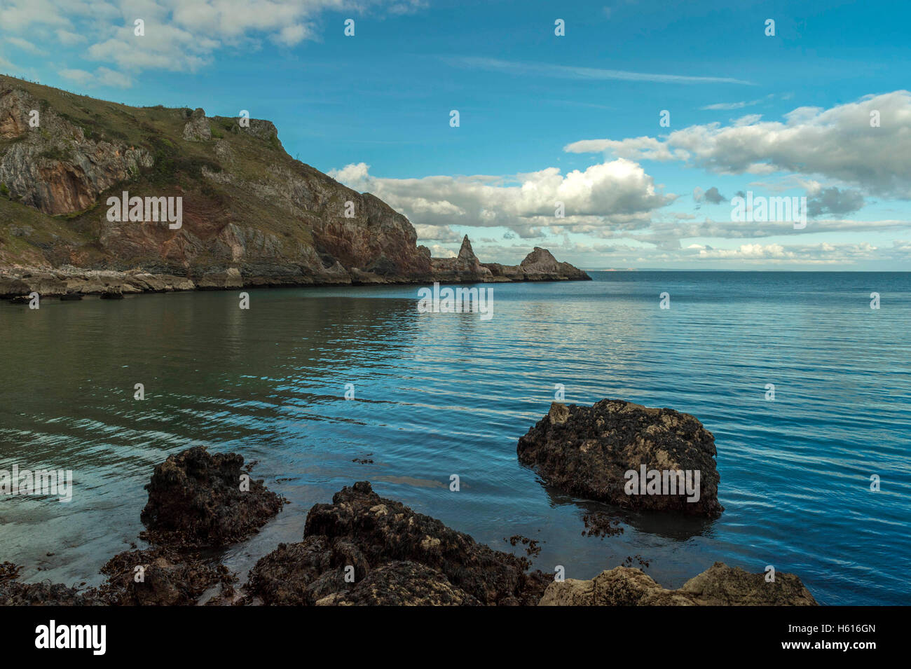 Seascape depicting the rocky, pebbled shoreline at Ansteys Cove ...