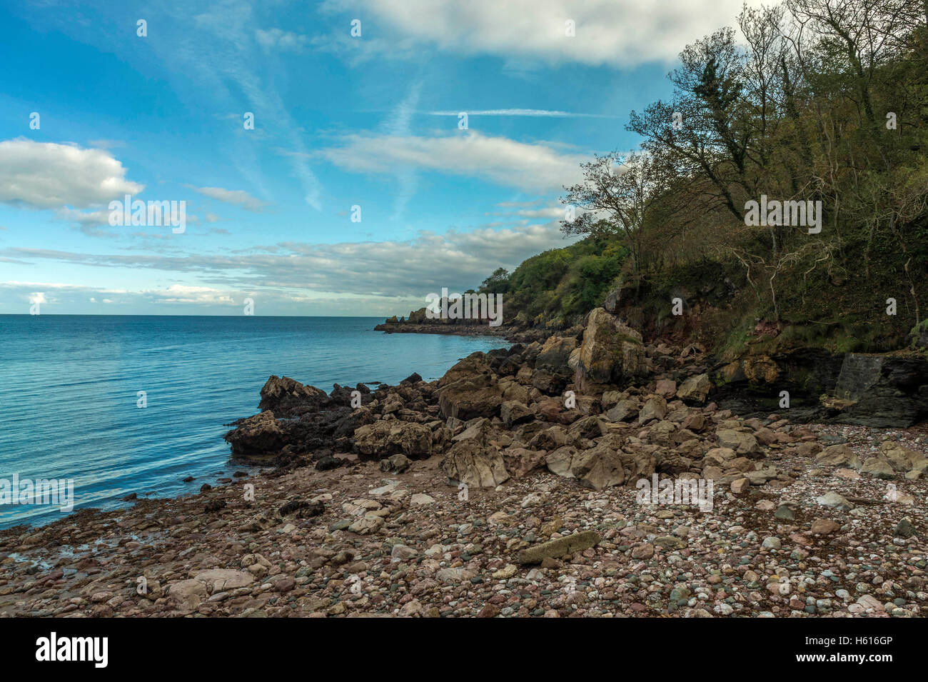 Seascape depicting the rocky, pebbled shoreline at Ansteys Cove ...