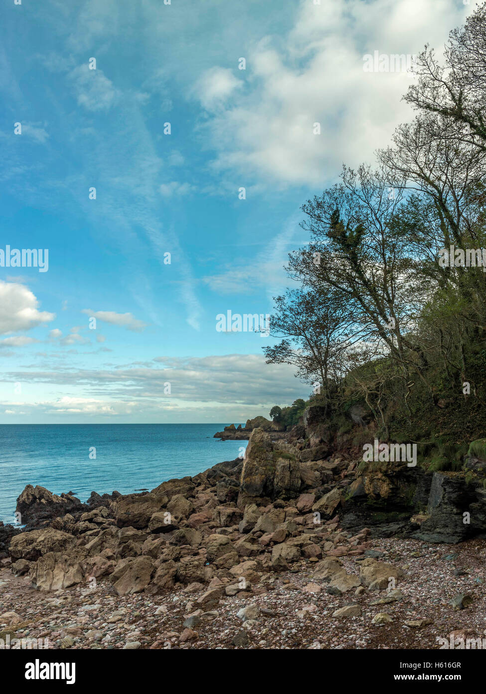 Seascape depicting the rocky, pebbled shoreline at Ansteys Cove ...