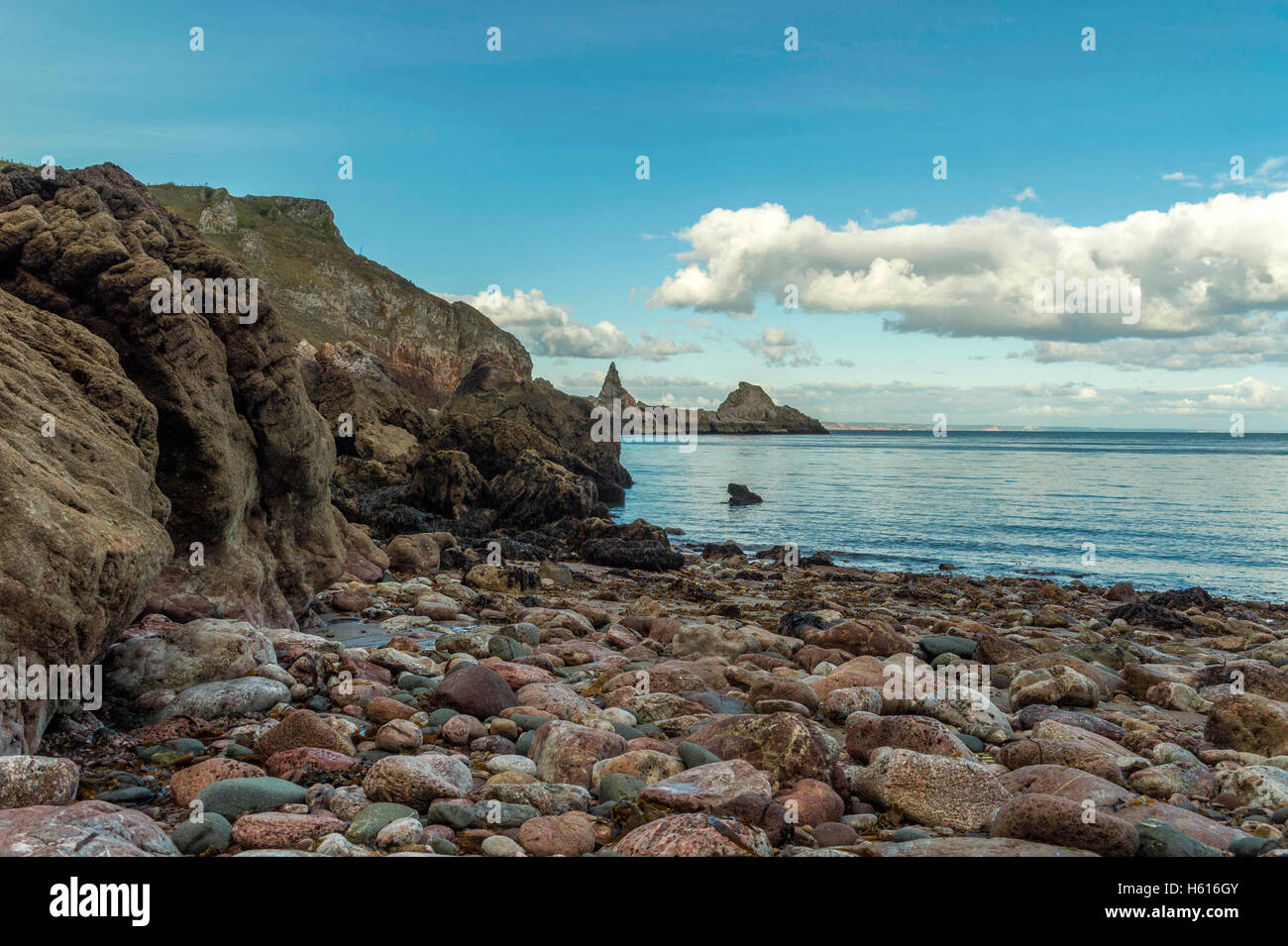 Seascape depicting the rocky, pebbled shoreline at Ansteys Cove ...