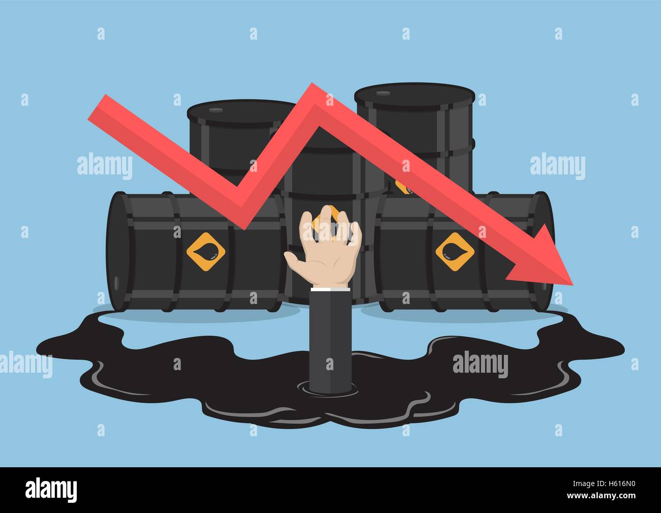 Businessman hand drowned in oil from barrels with price reduction graph ...