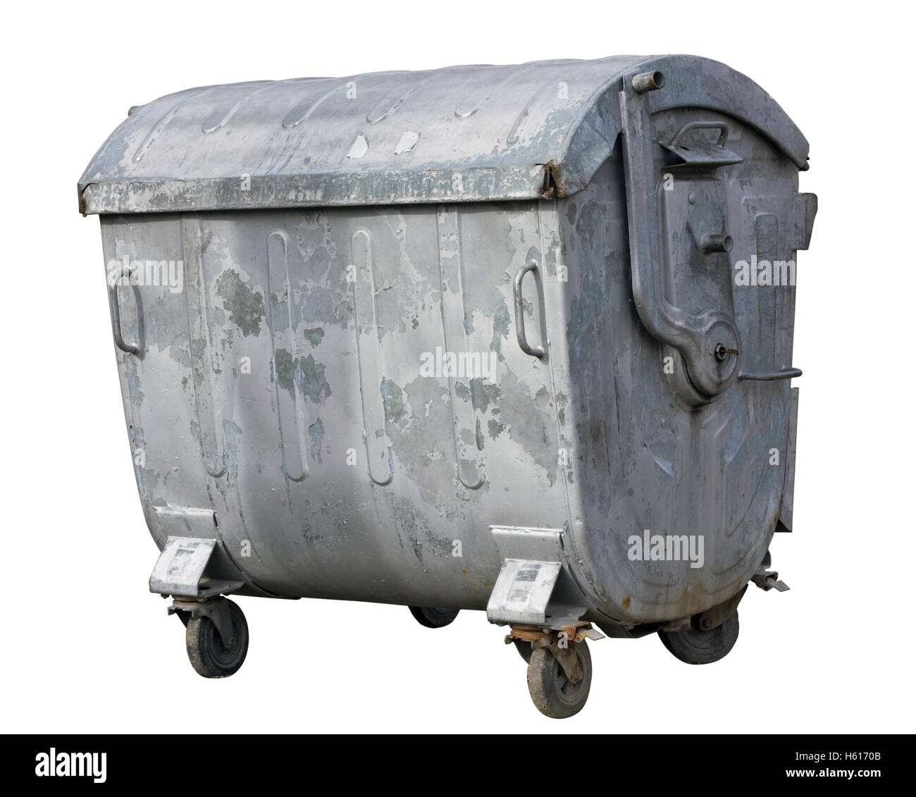 Retro steel ragged rusted galvanized trash bin. Isolated with patch ...