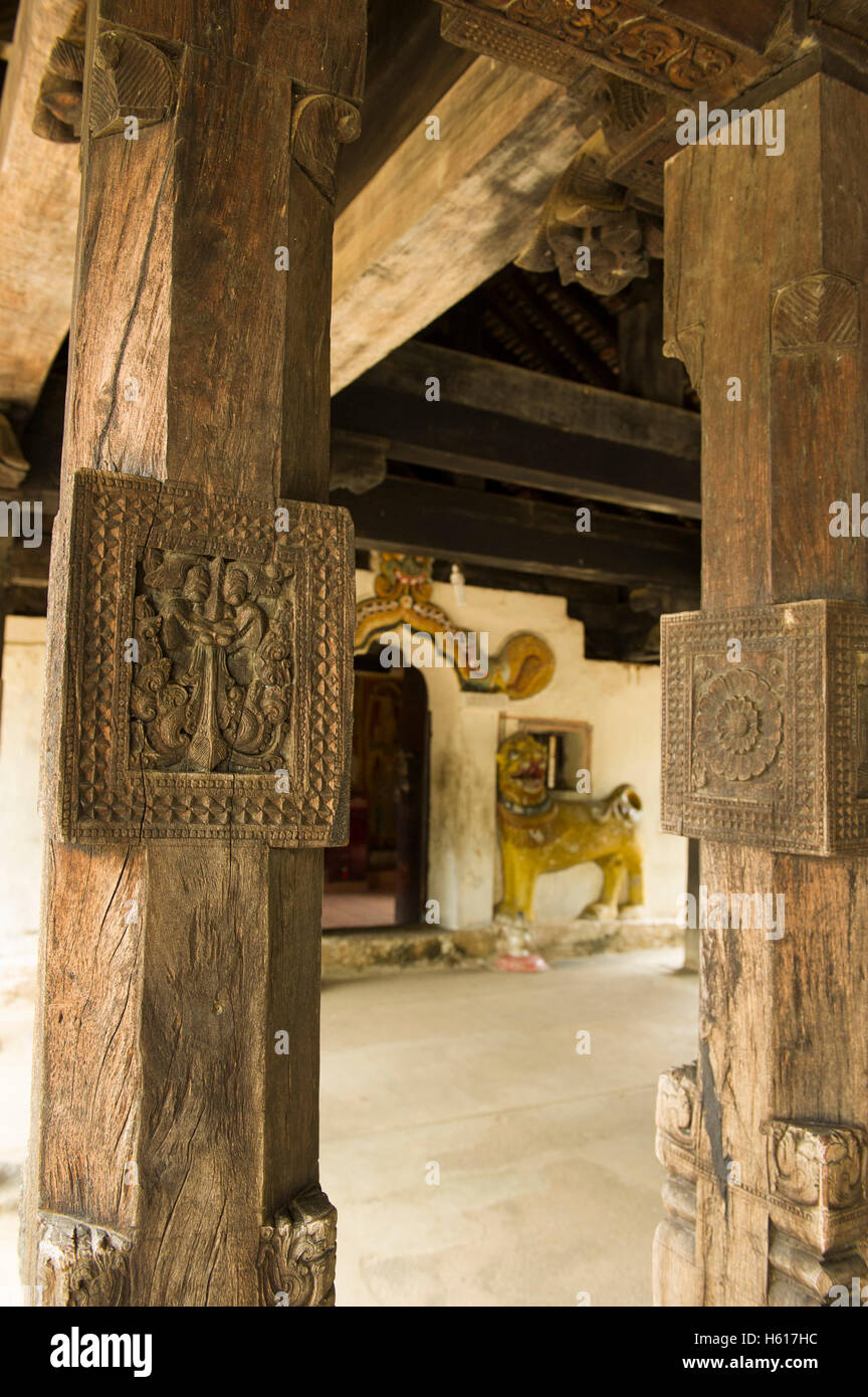 Ancient carved wooden pillars, Embekke Devale Temple, Kandy, Sri Lanka ...