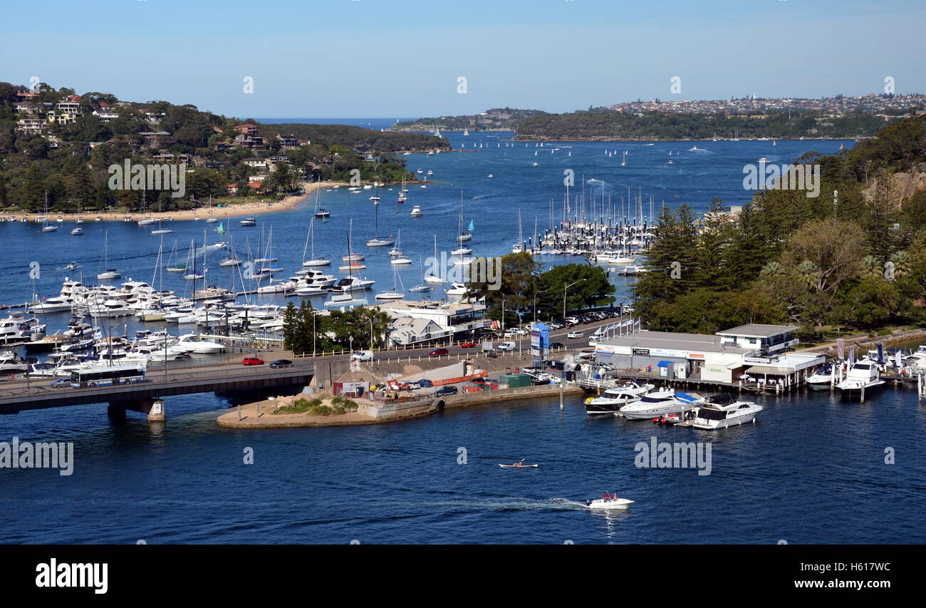 The Spit, Spit bridge, moored yachts and Sydney Harbour in the ...