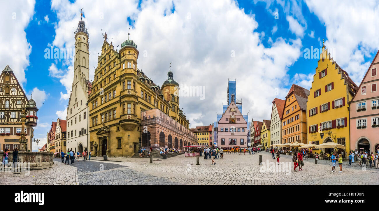 Panoramic view of the historic town square of Rothenburg ob der Tauber ...