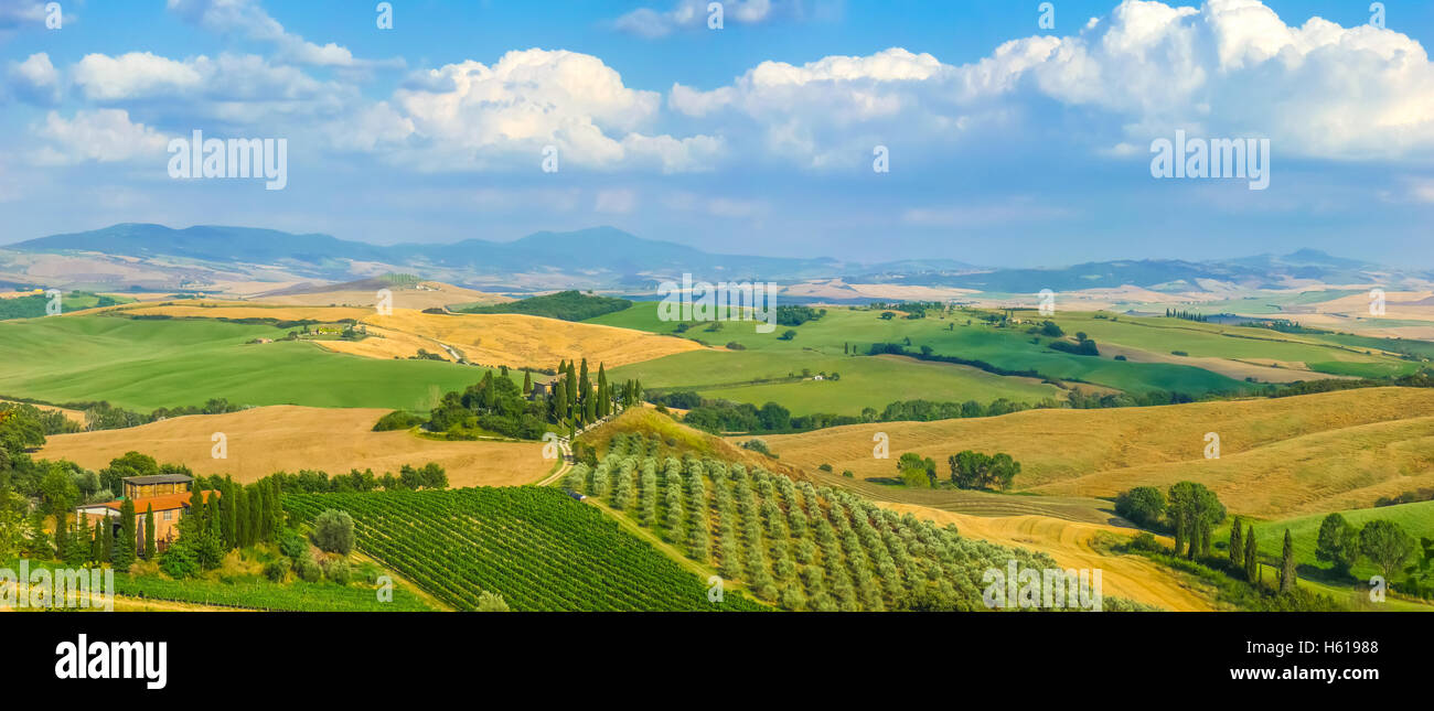 Scenic Tuscany landscape with rolling hills and valleys in golden ...