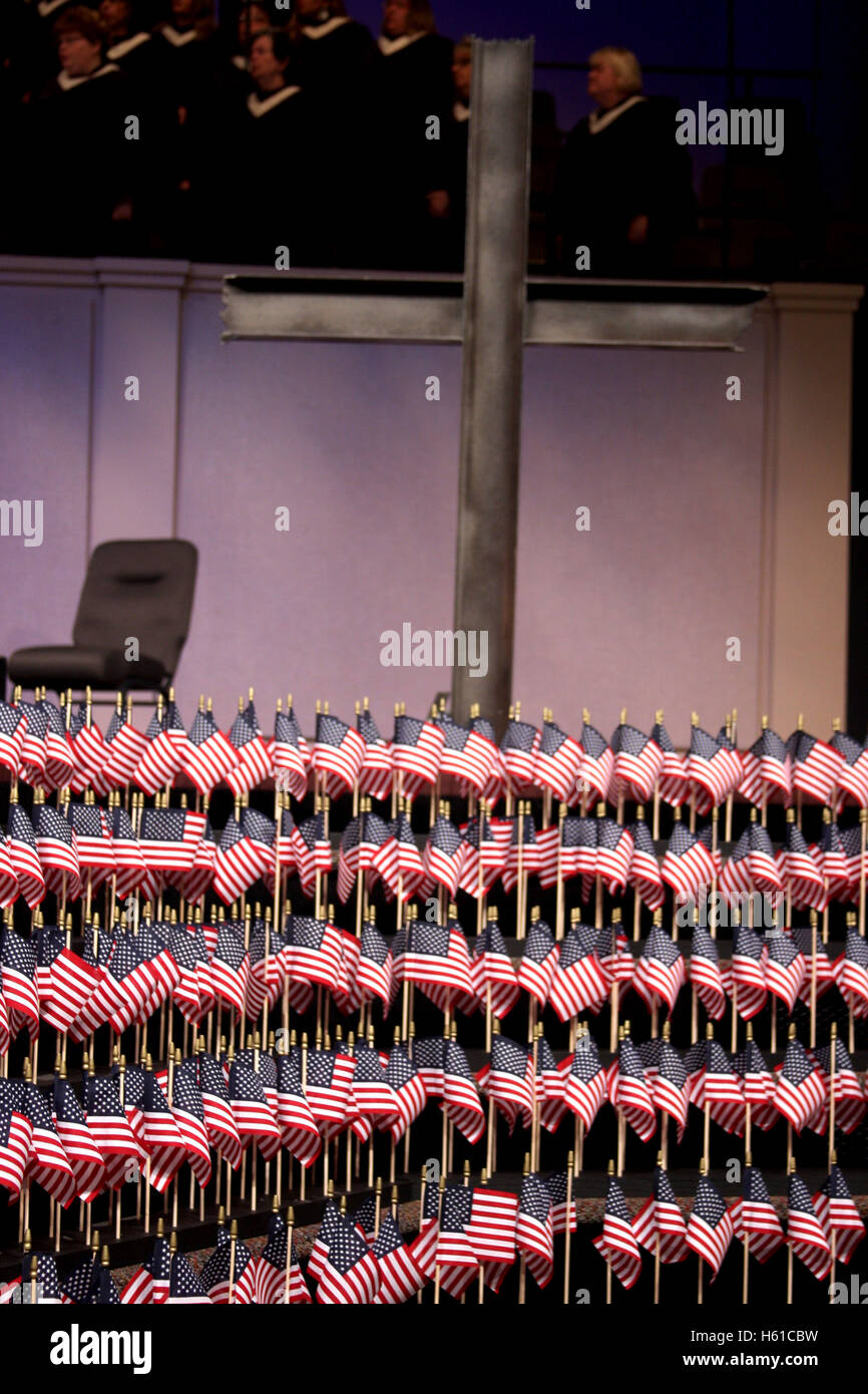 Display of hundreds of small American flags in church's sanctuary, with ...