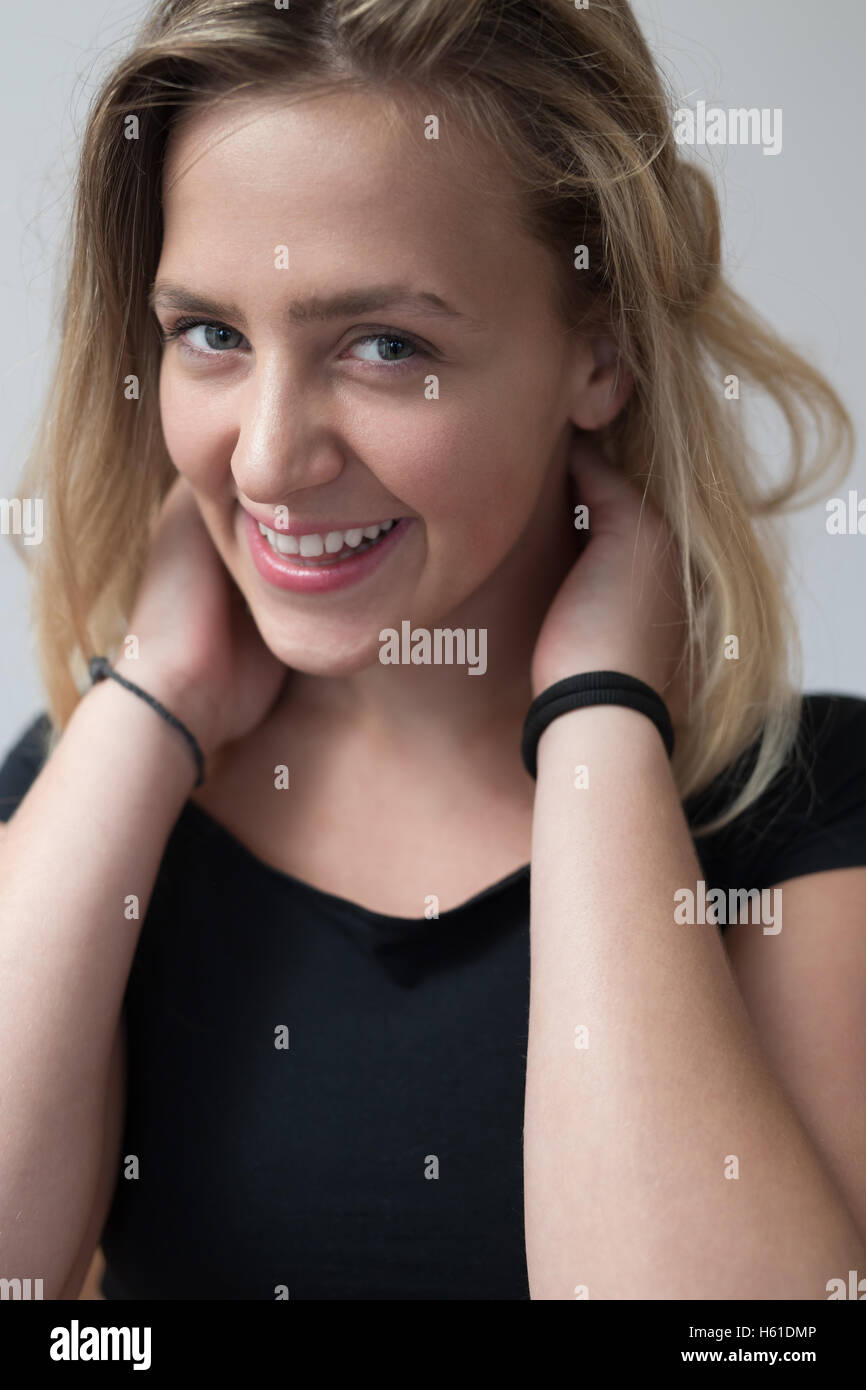 Face portrait of smiling woman. Teeth smiling girl. One model portrait ...