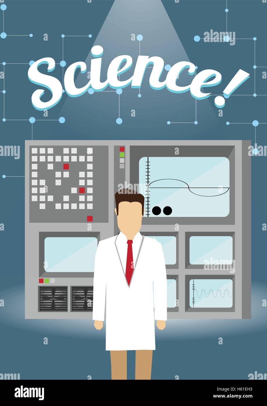 Scientist in Lab Concept with Retro Computer Device - Vector ...