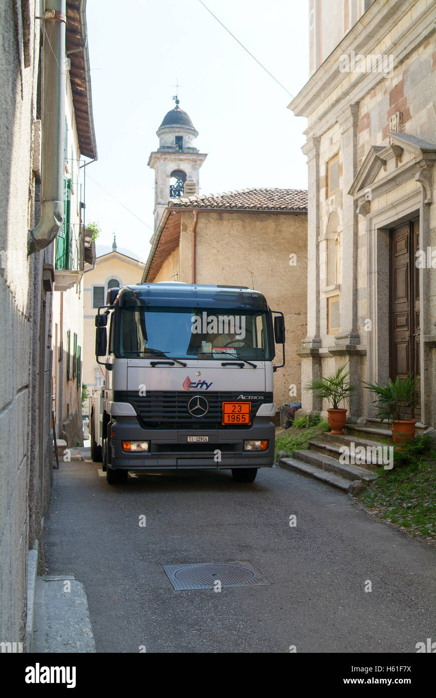 Castelrotto, Switzerland - 20 May 2005: Gas truck on narrow streets at ...