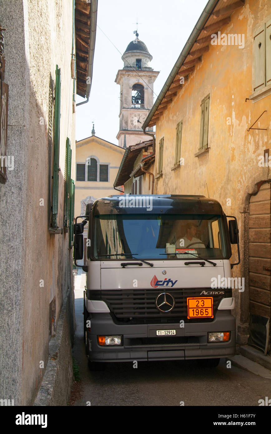 Castelrotto, Switzerland - 20 May 2005: Gas truck on narrow streets at ...