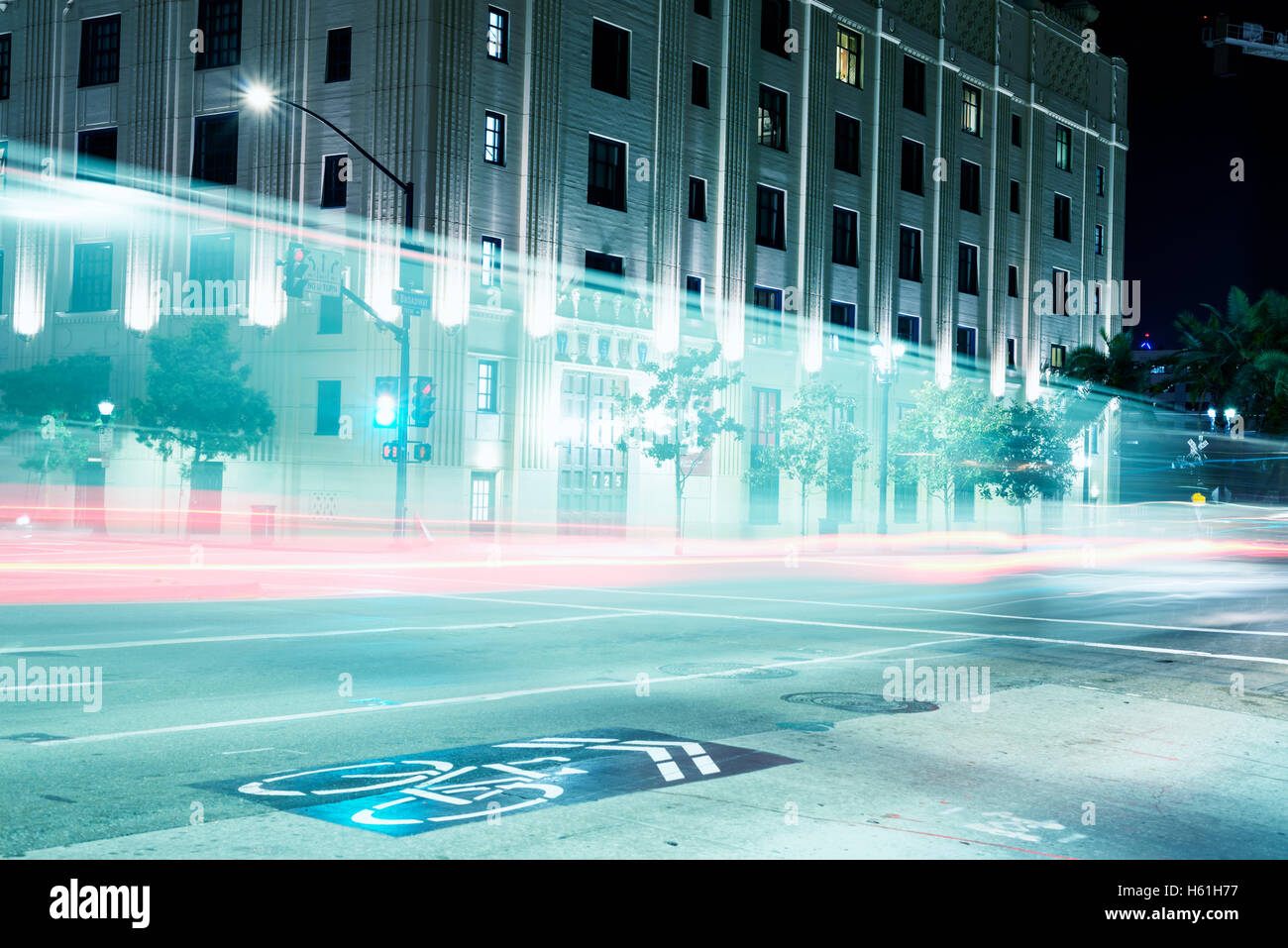 Car light streaks in downtown San Diego, California, USA Stock Photo ...