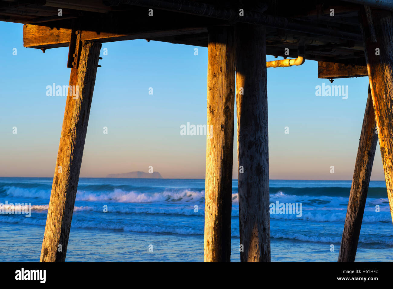 close up of wooden pier pilings. Imperial Beach Pier, San Diego ...