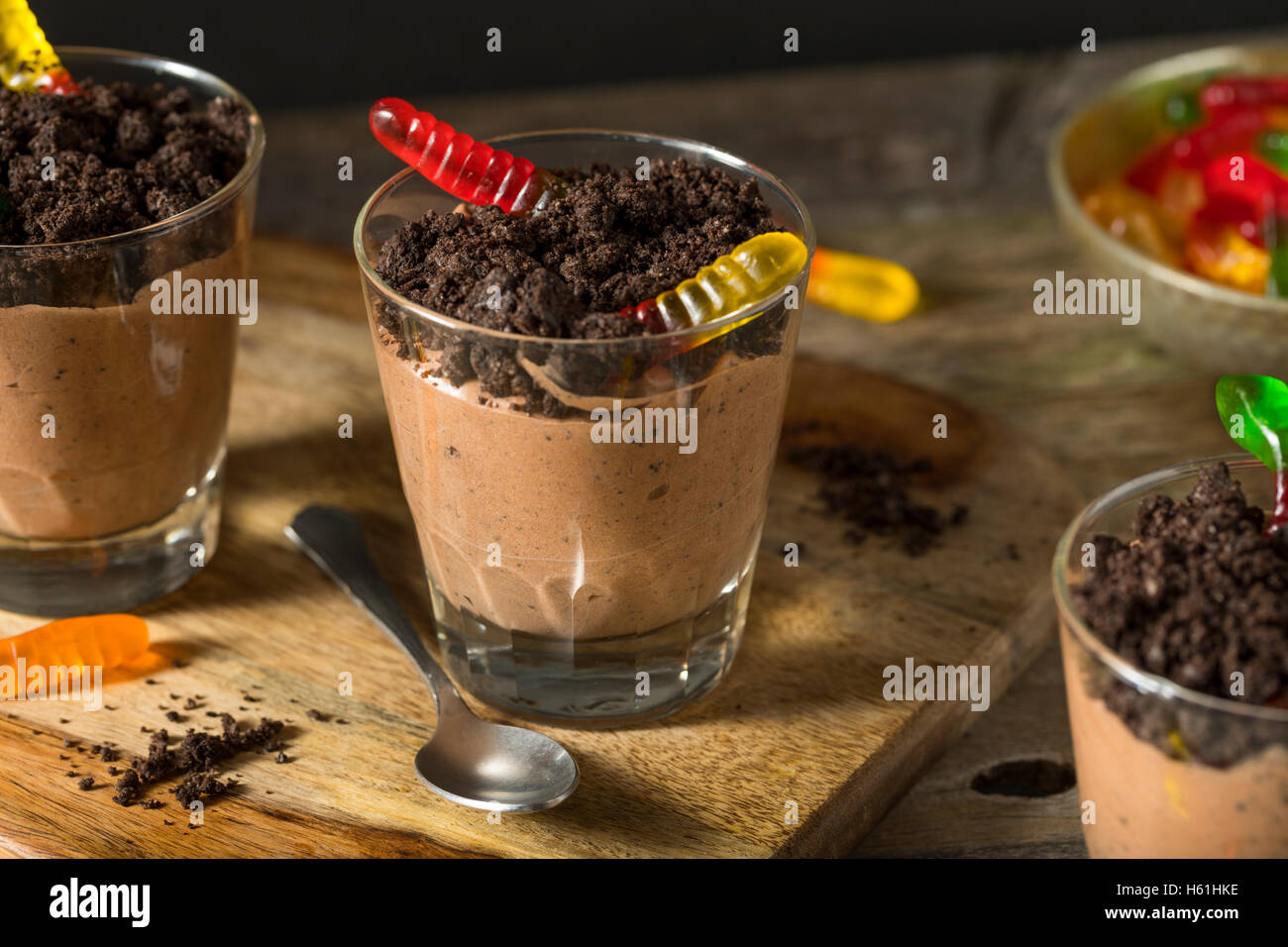 Homemade Chocolate Dirt Pudding with Gummy Worms Stock Photo - Alamy