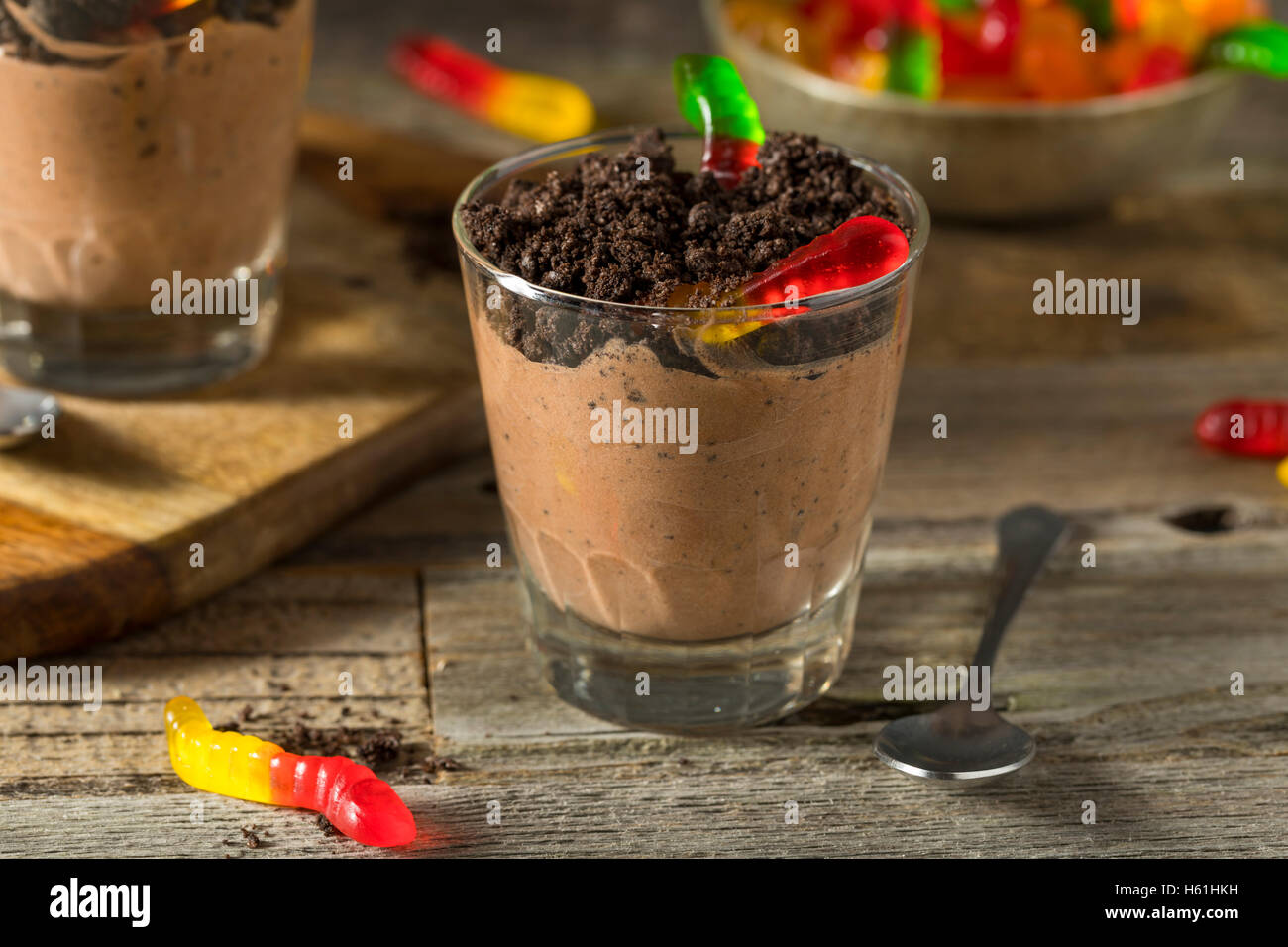 Homemade Chocolate Dirt Pudding with Gummy Worms Stock Photo - Alamy