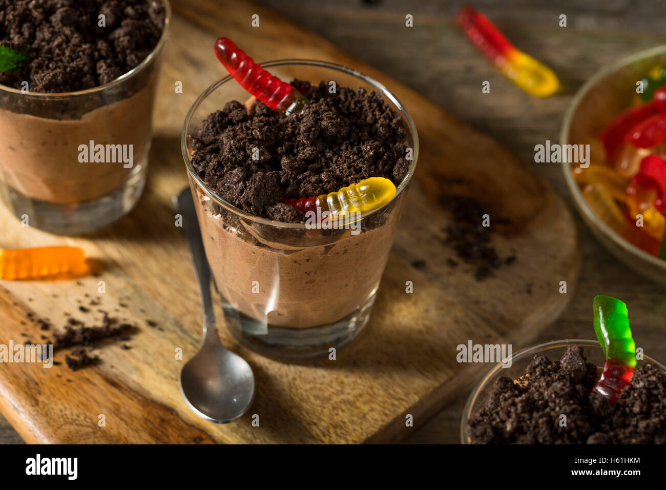 Homemade Chocolate Dirt Pudding with Gummy Worms Stock Photo - Alamy