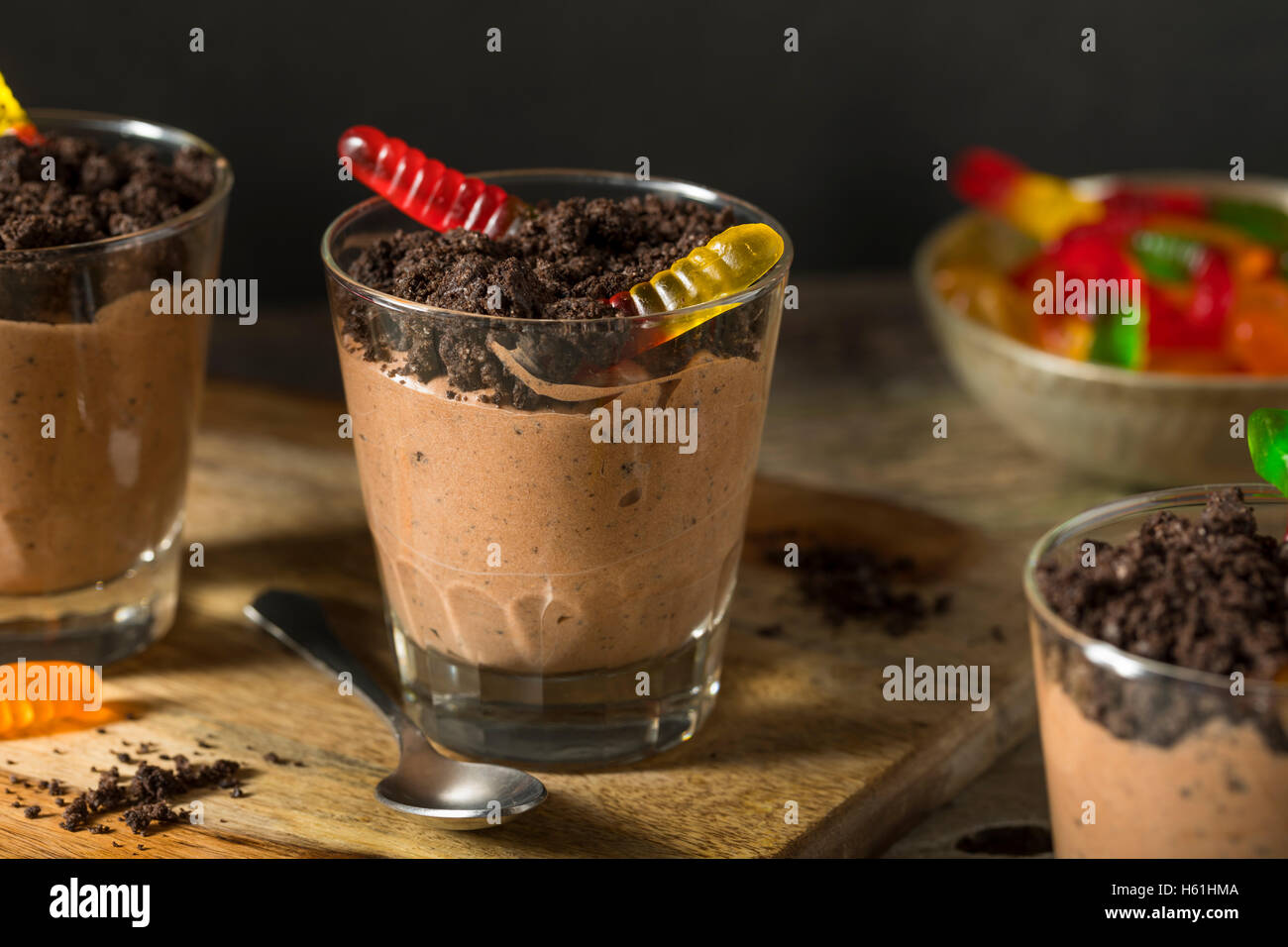 Homemade Chocolate Dirt Pudding with Gummy Worms Stock Photo - Alamy