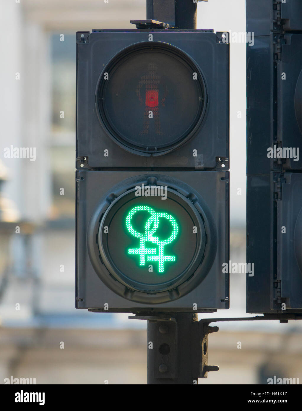 New green signals at Trafalgar Square in London Stock Photo - Alamy