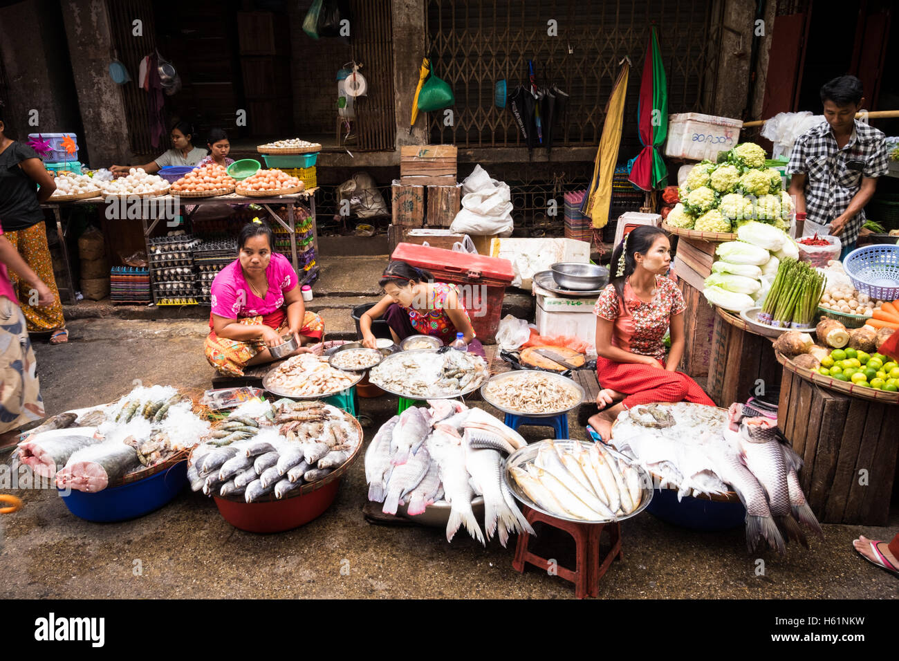 Women selling fresh fish at their street market stall in Downtown ...