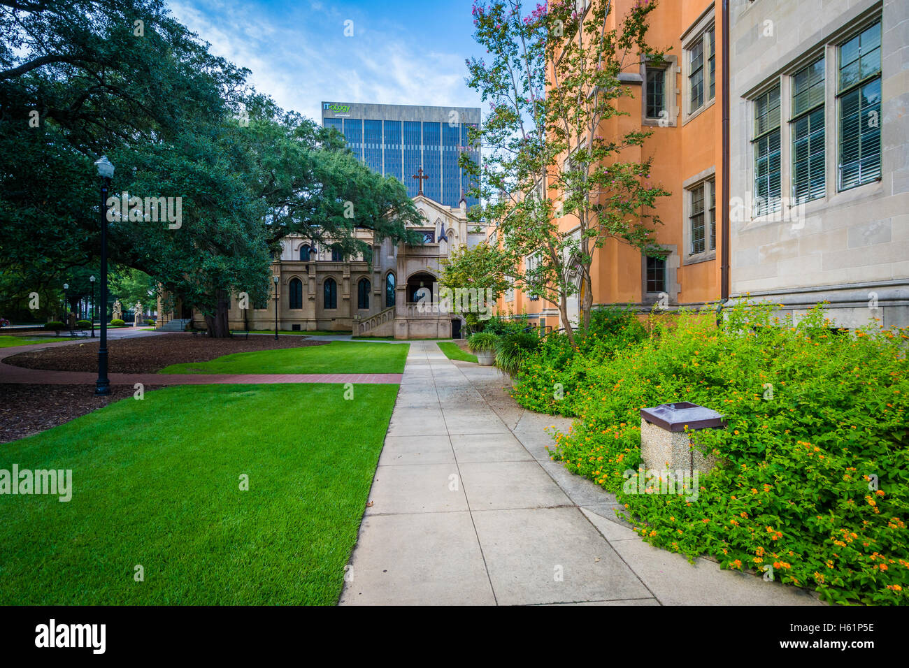 Walkway and the exterior of Trinity Episcopal Cathedral, in Columbia ...
