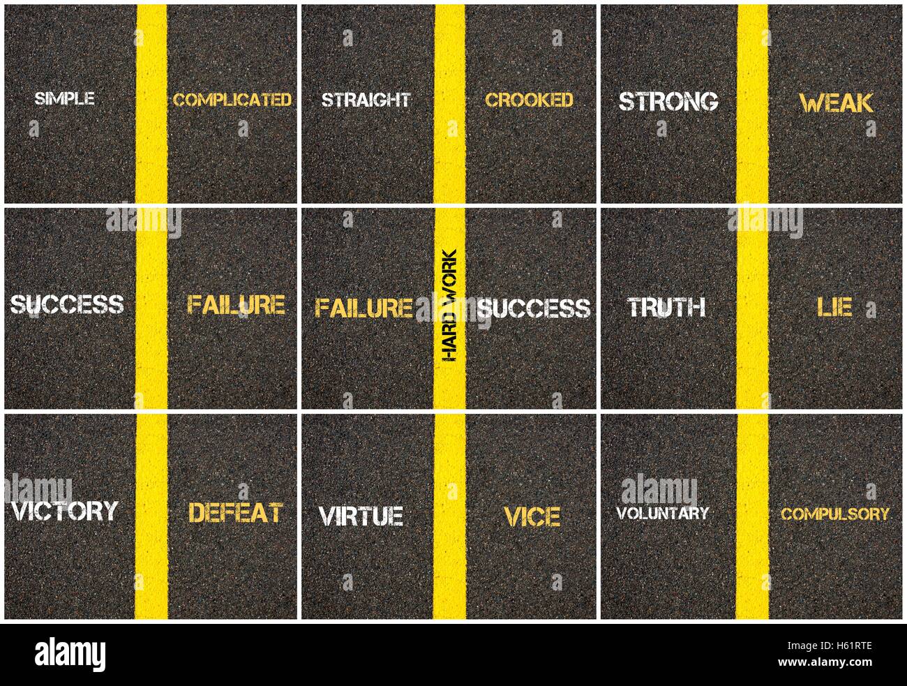 Photo collage of antonym concepts written over tarmac, road marking ...