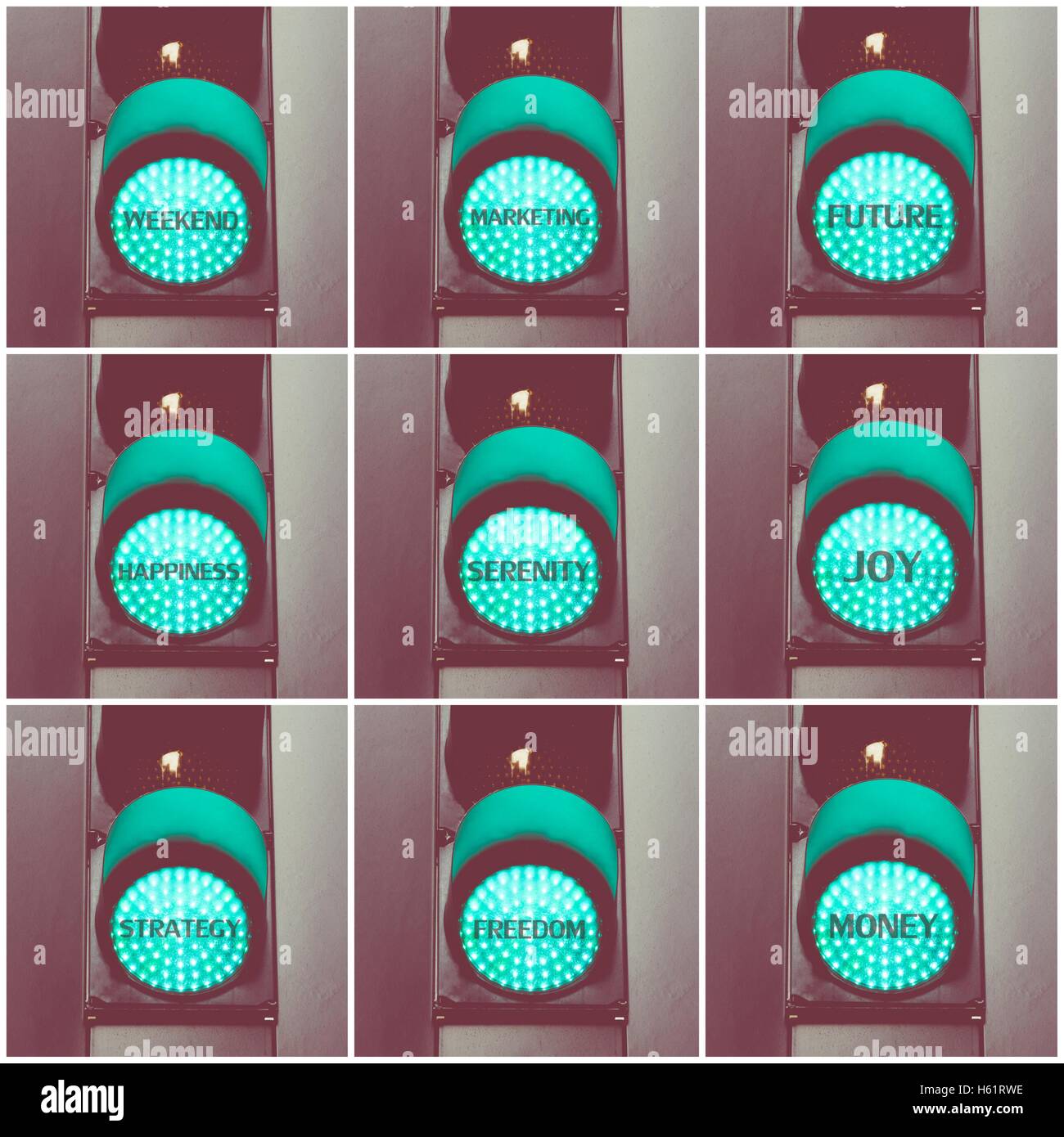 Photo collage with concept messages written over green traffic lights ...