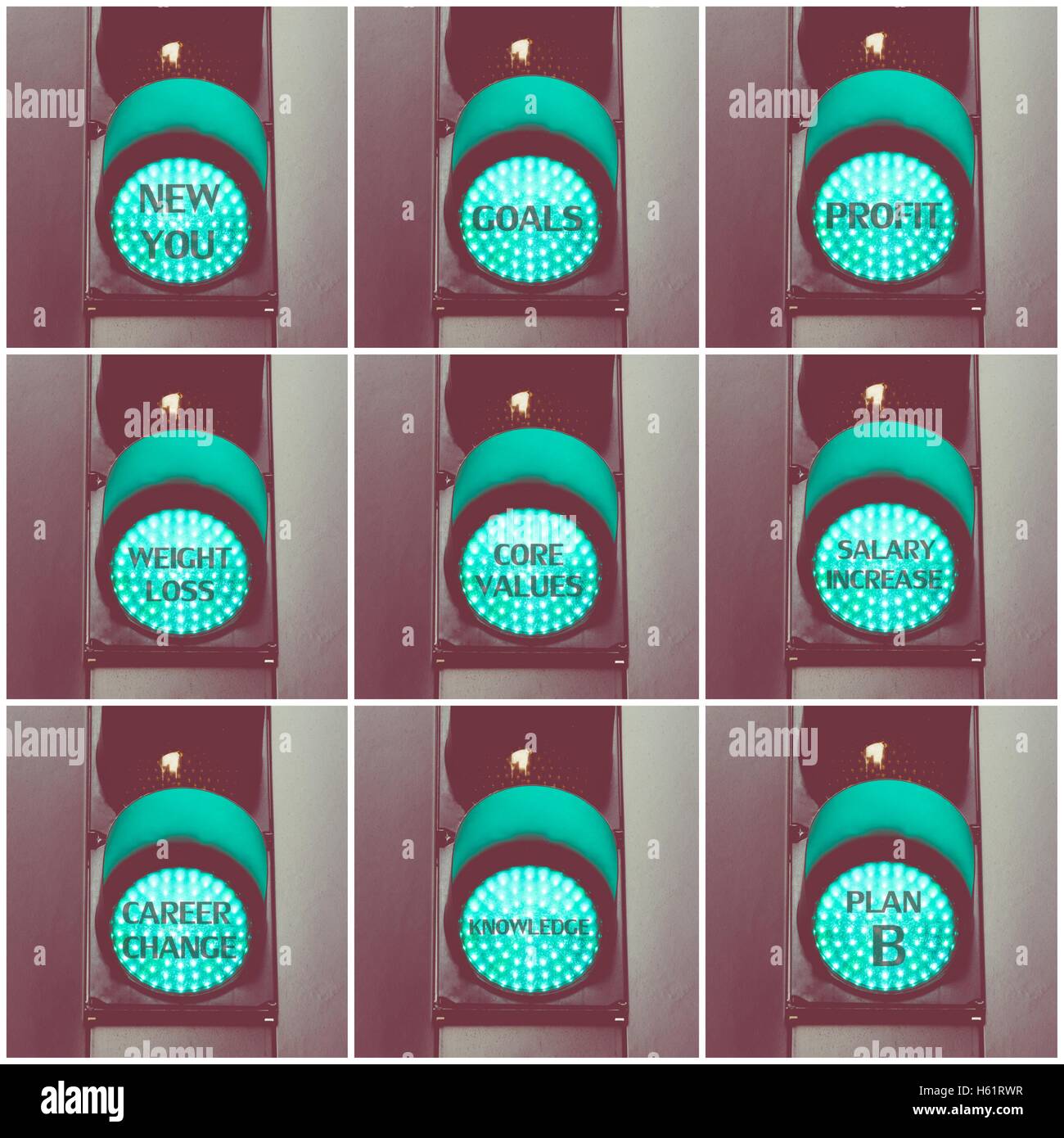 Photo collage with concept messages written over green traffic lights ...