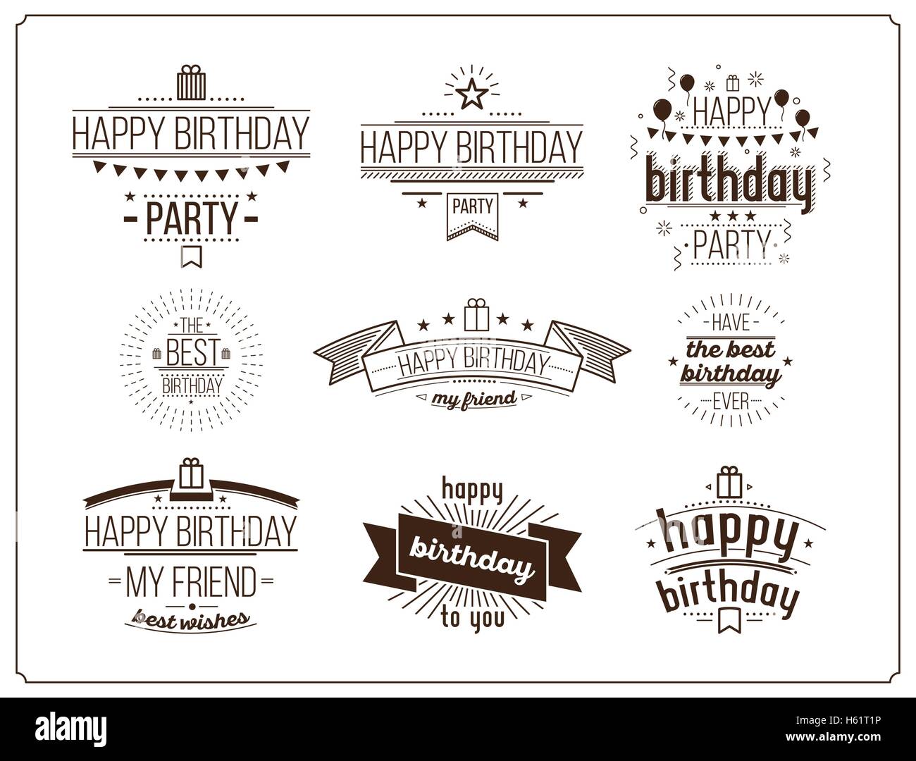 Festive Happy Birthday monochrome set. Modern Retro popular design ...
