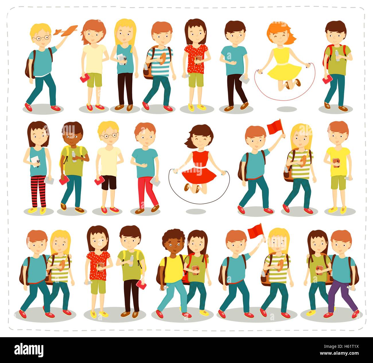 Vector illustration set of children students pupils doing different fun ...