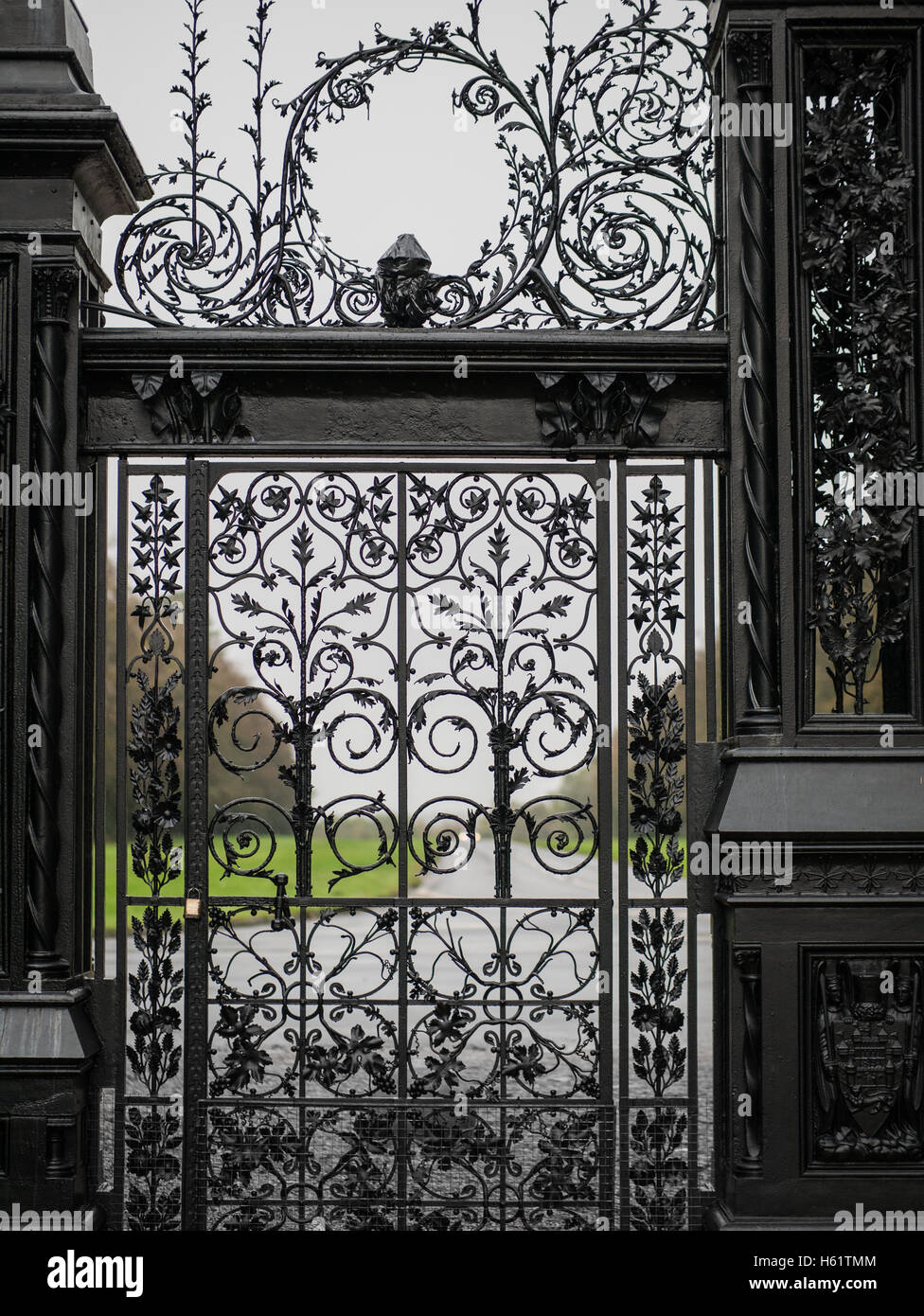 Wrought iron gate at the main entrance to the royal estate of ...