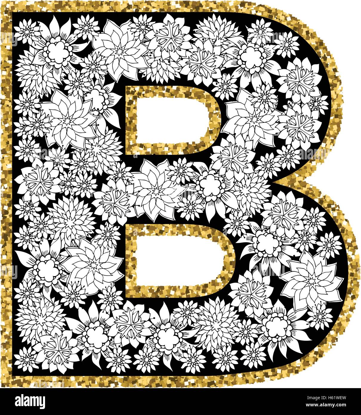 Hand drawn floral alphabet design. Gold glittering contour. Letter B ...