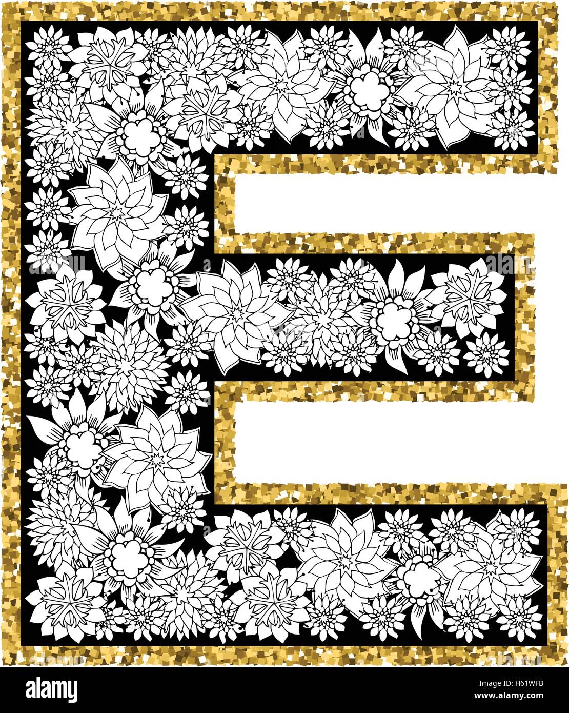 Hand drawn floral alphabet design. Gold glittering contour. Letter E ...
