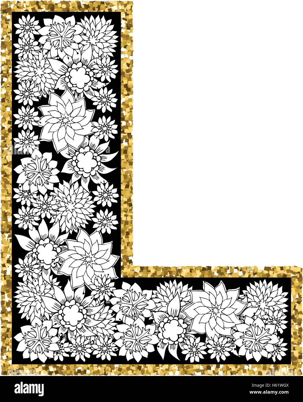 Hand drawn floral alphabet design. Gold glittering contour. Letter L ...