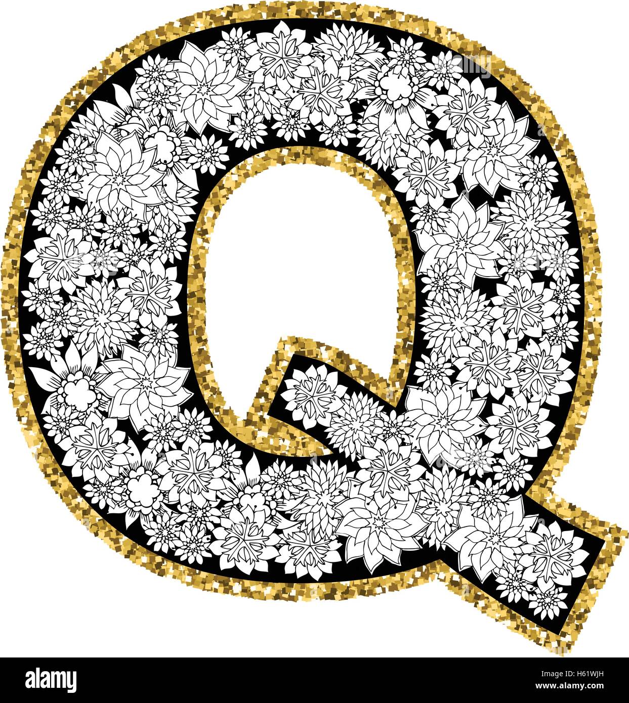Hand drawn floral alphabet design. Gold glittering contour. Letter Q ...
