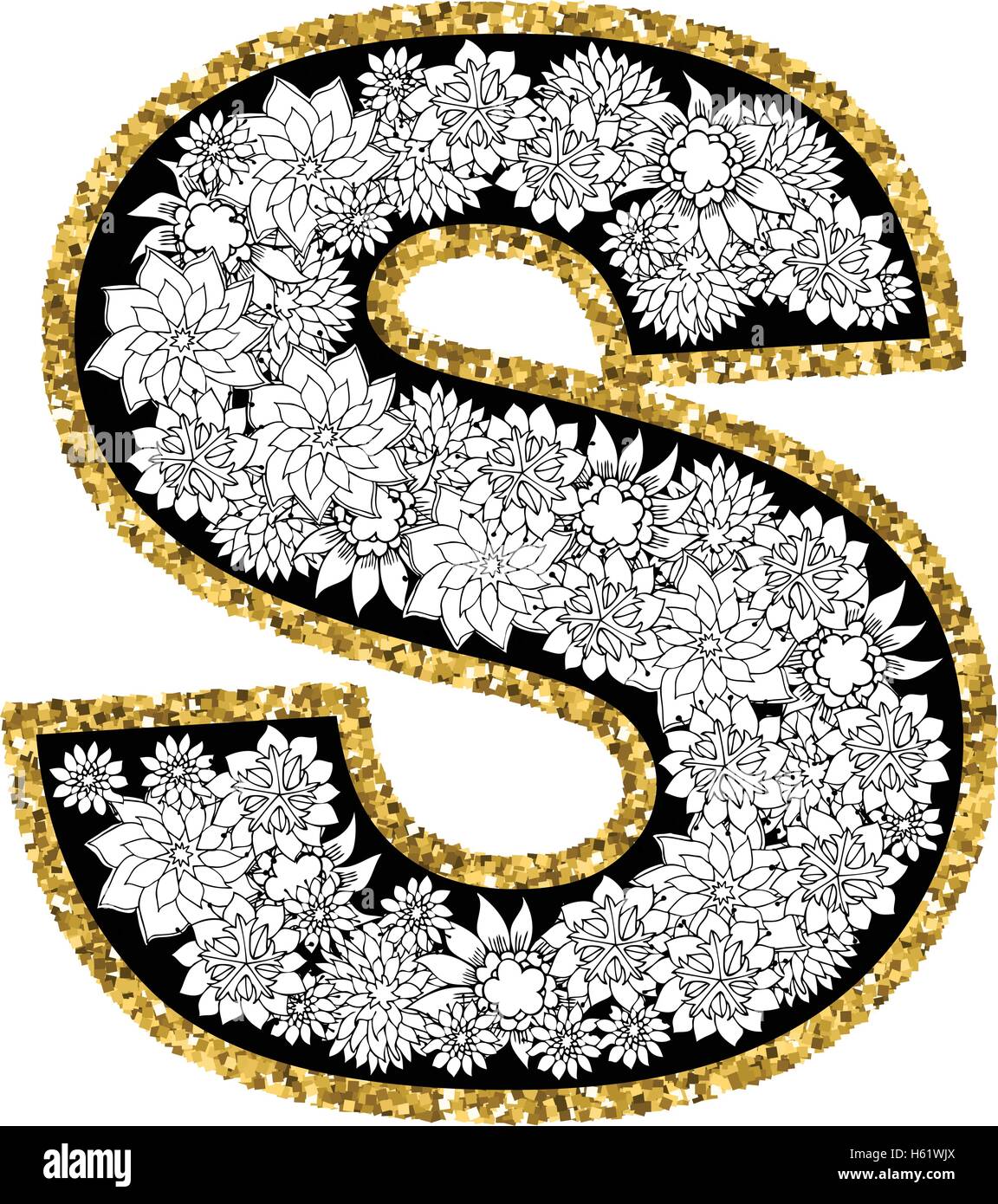 Hand drawn floral alphabet design. Gold glittering contour. Letter S ...