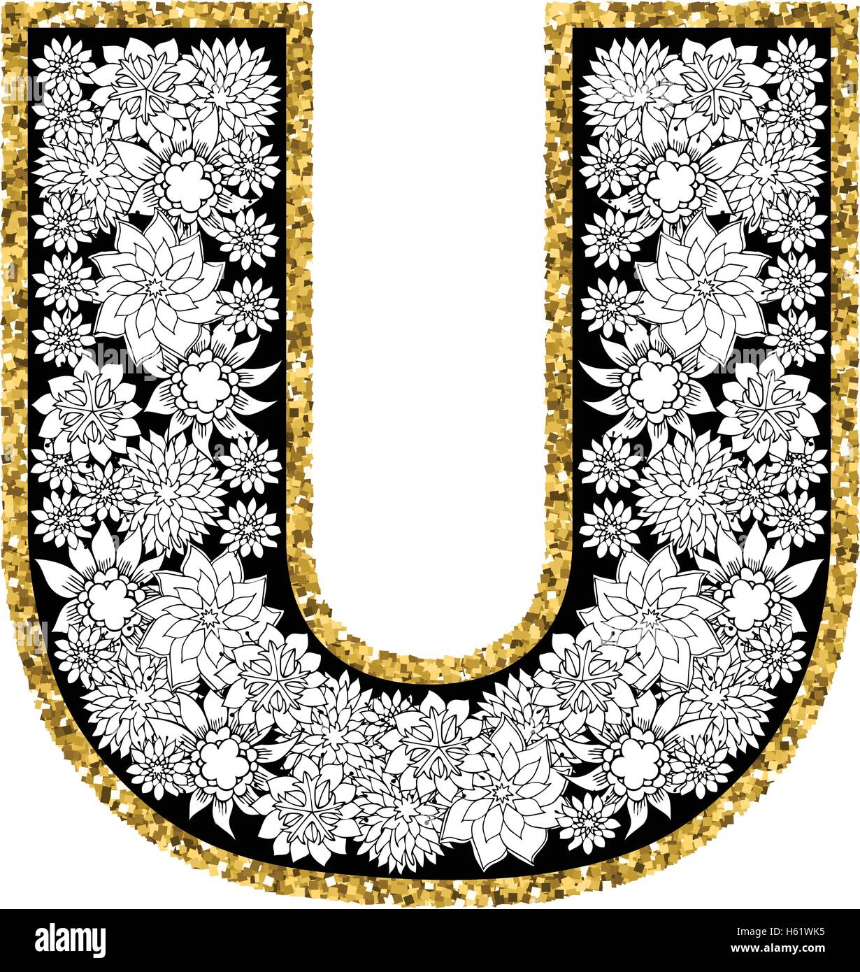 Hand drawn floral alphabet design. Gold glittering contour. Letter U ...