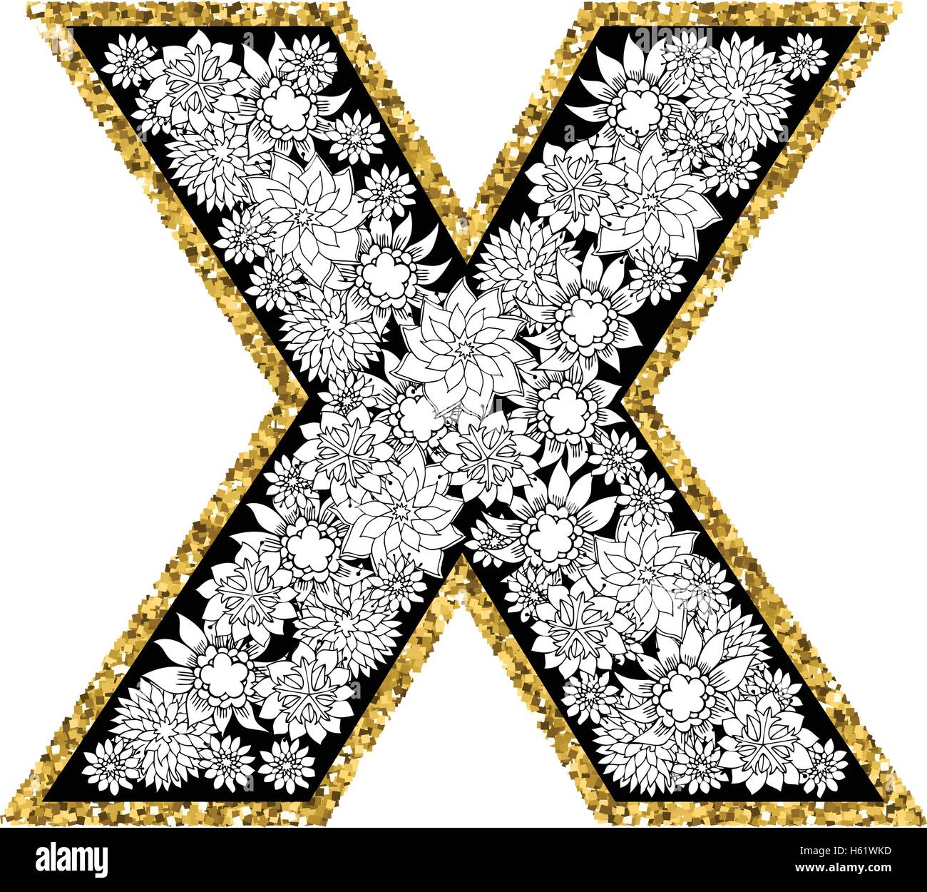 Hand drawn floral alphabet design. Gold glittering contour. Letter X ...