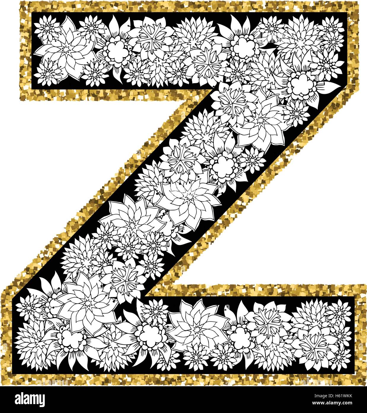 Hand drawn floral alphabet design. Gold glittering contour. Letter Z ...