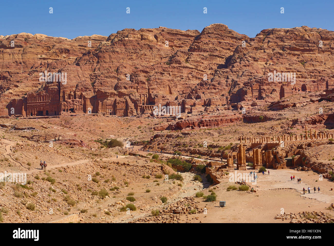 The Royal Tombs and central valley in the rock city of Petra, Jordan ...