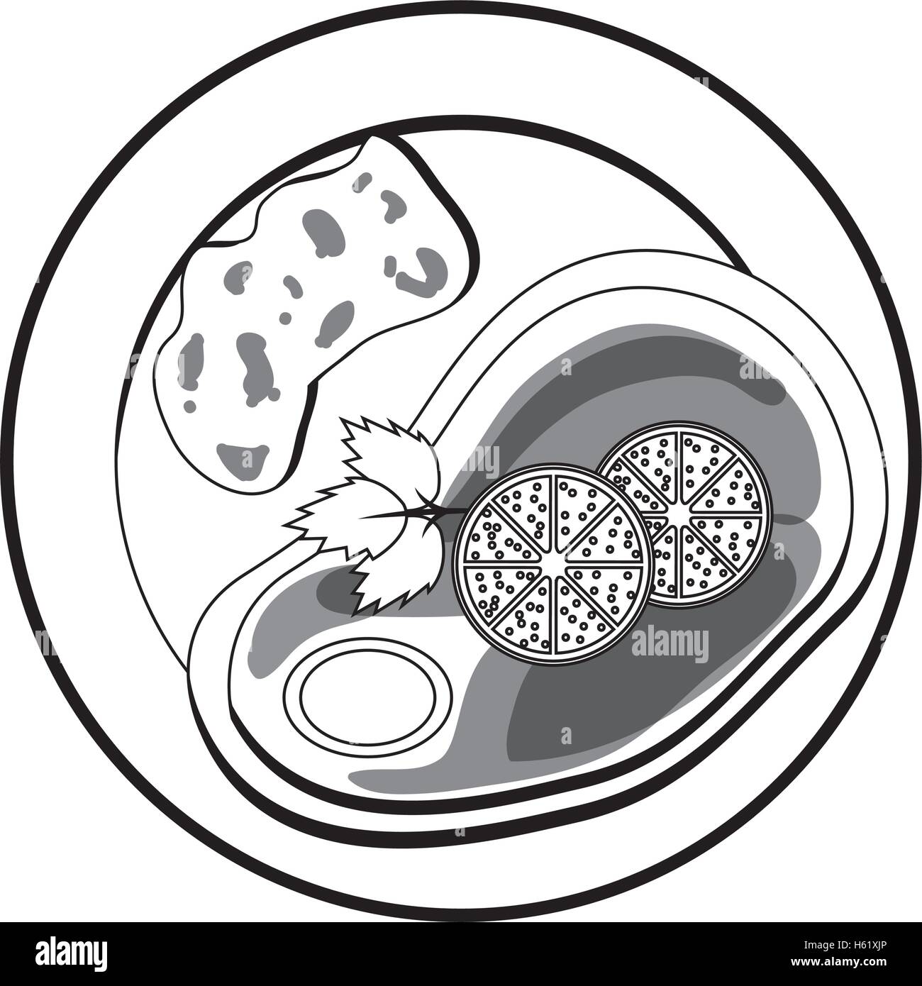 silhouette gray scale plate steak meat and lemon slices Stock Vector ...
