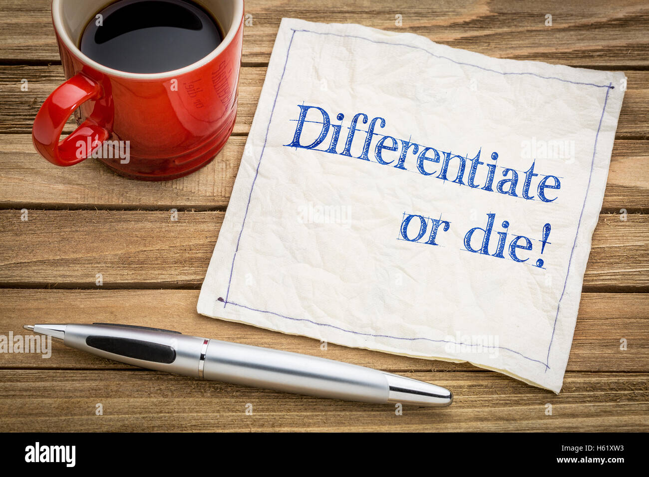 Differentiate or die! Handwriting on a napkin with a cup of espresso ...