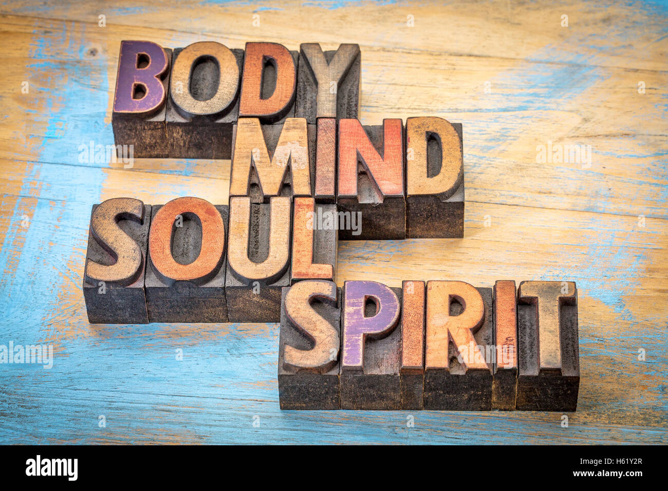 body, mind, soul and spirit word abstract -text in vintage letterpress ...