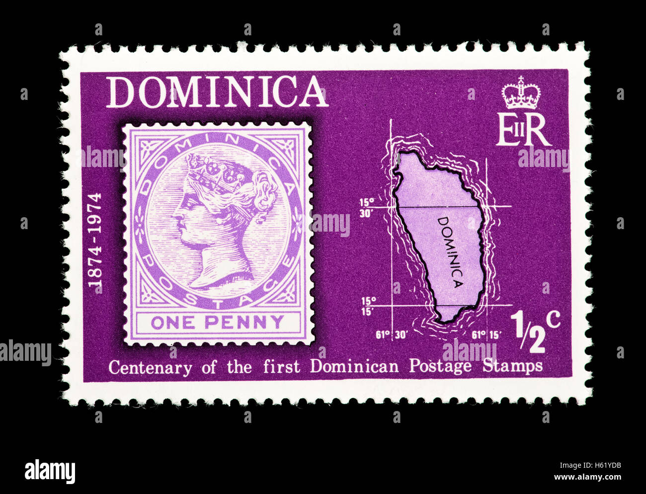 Postage stamp from Dominica depicting its first postage stamp and a map ...