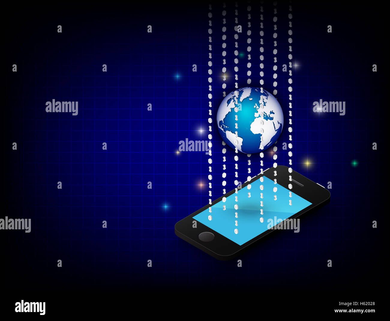 Cell phone and globe and binary digit on blue background . Vector 3D ...