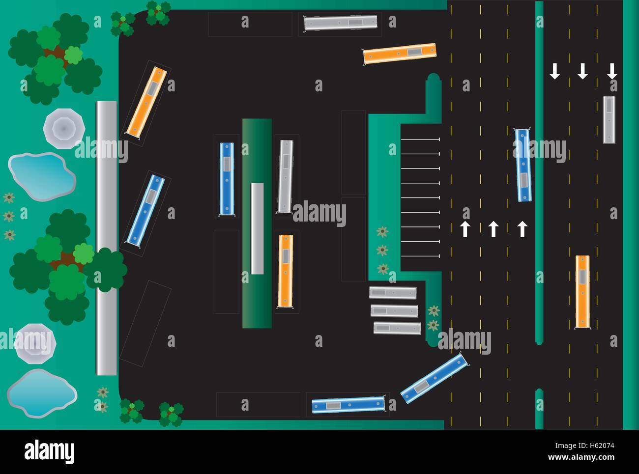Layout of city bus station building Landscape Vector Illustration Stock ...