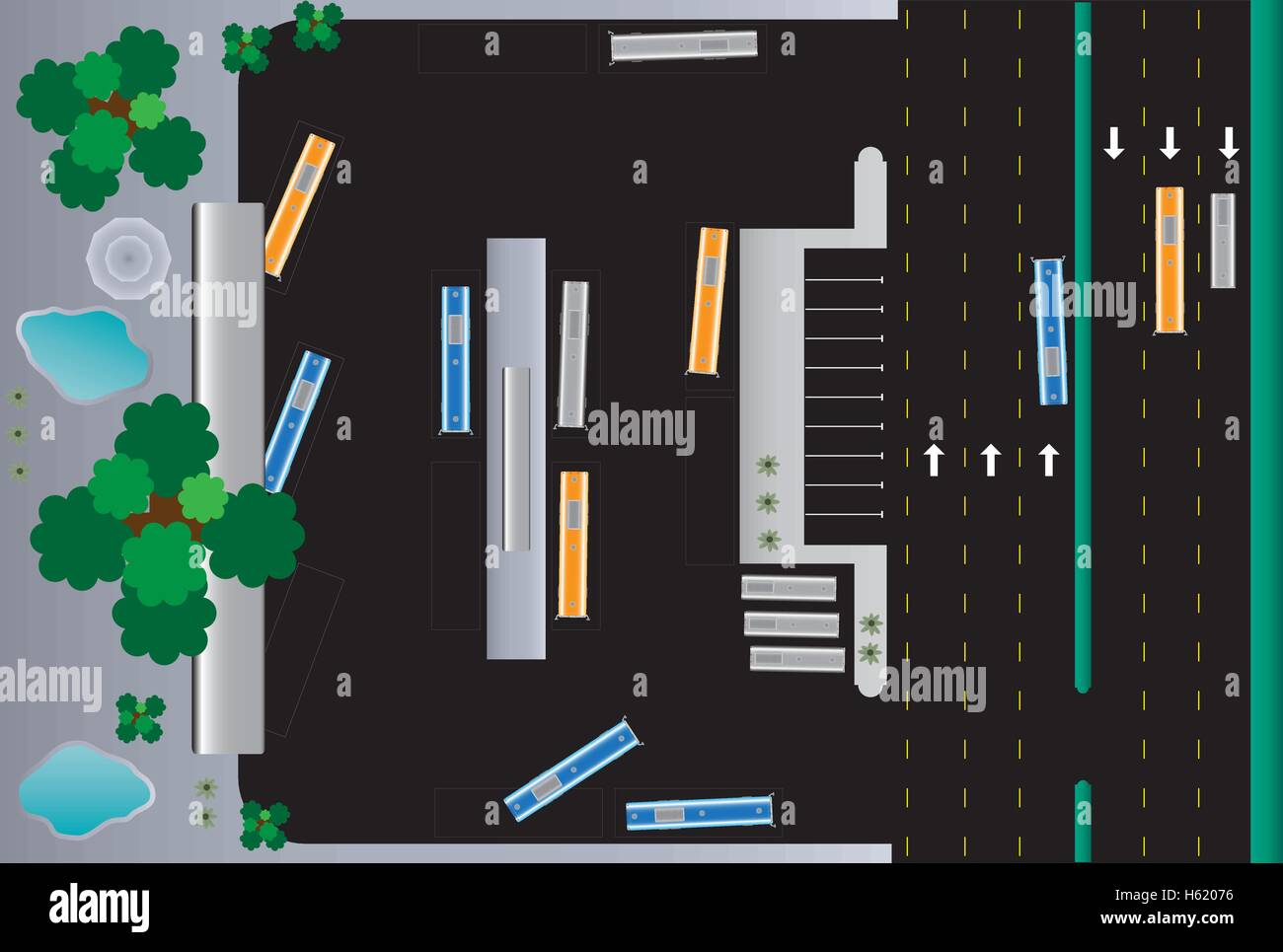 Layout of city bus station building Landscape Vector Illustration Stock ...