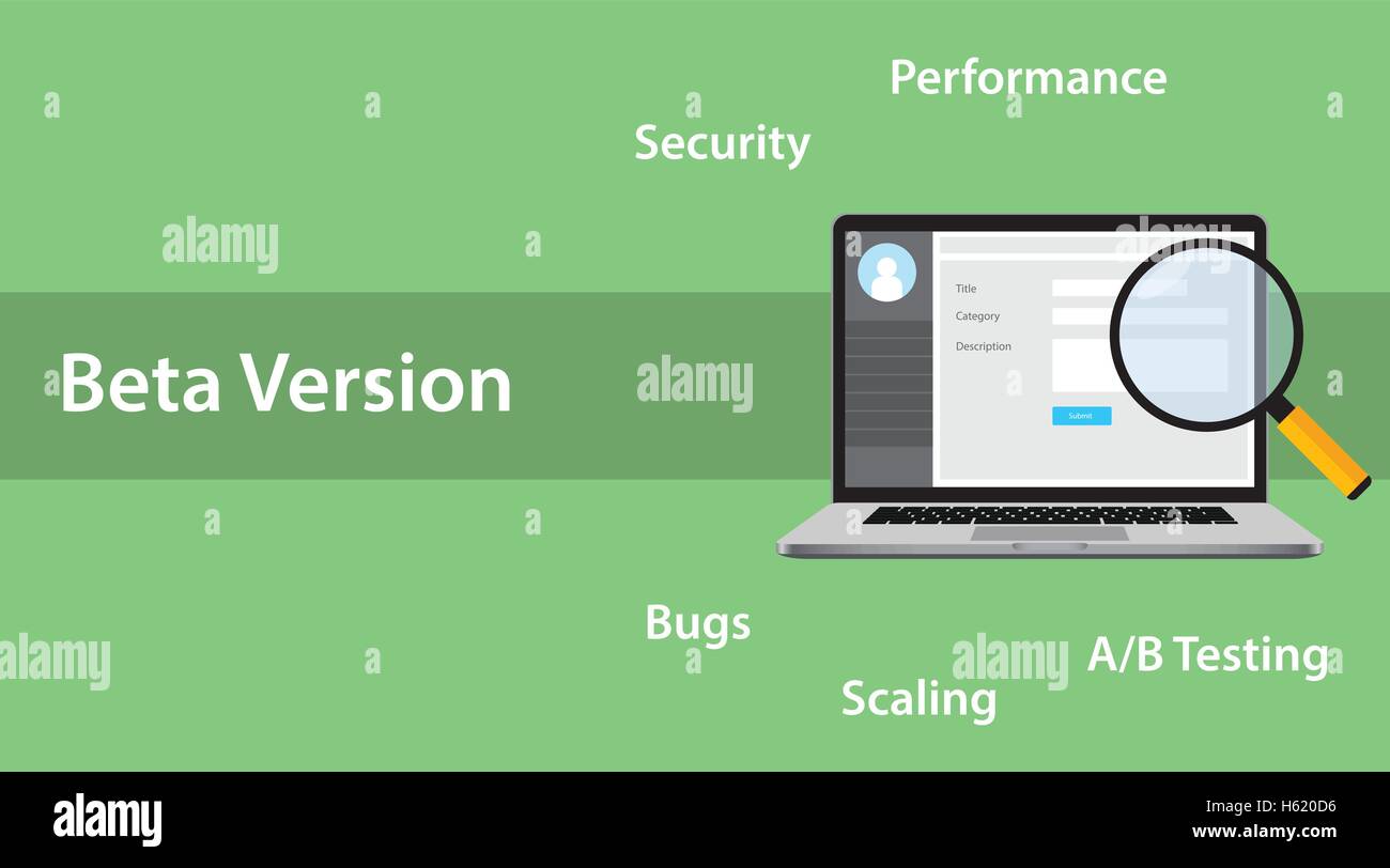 beta version software concept with laptop and magnifying glass error ...