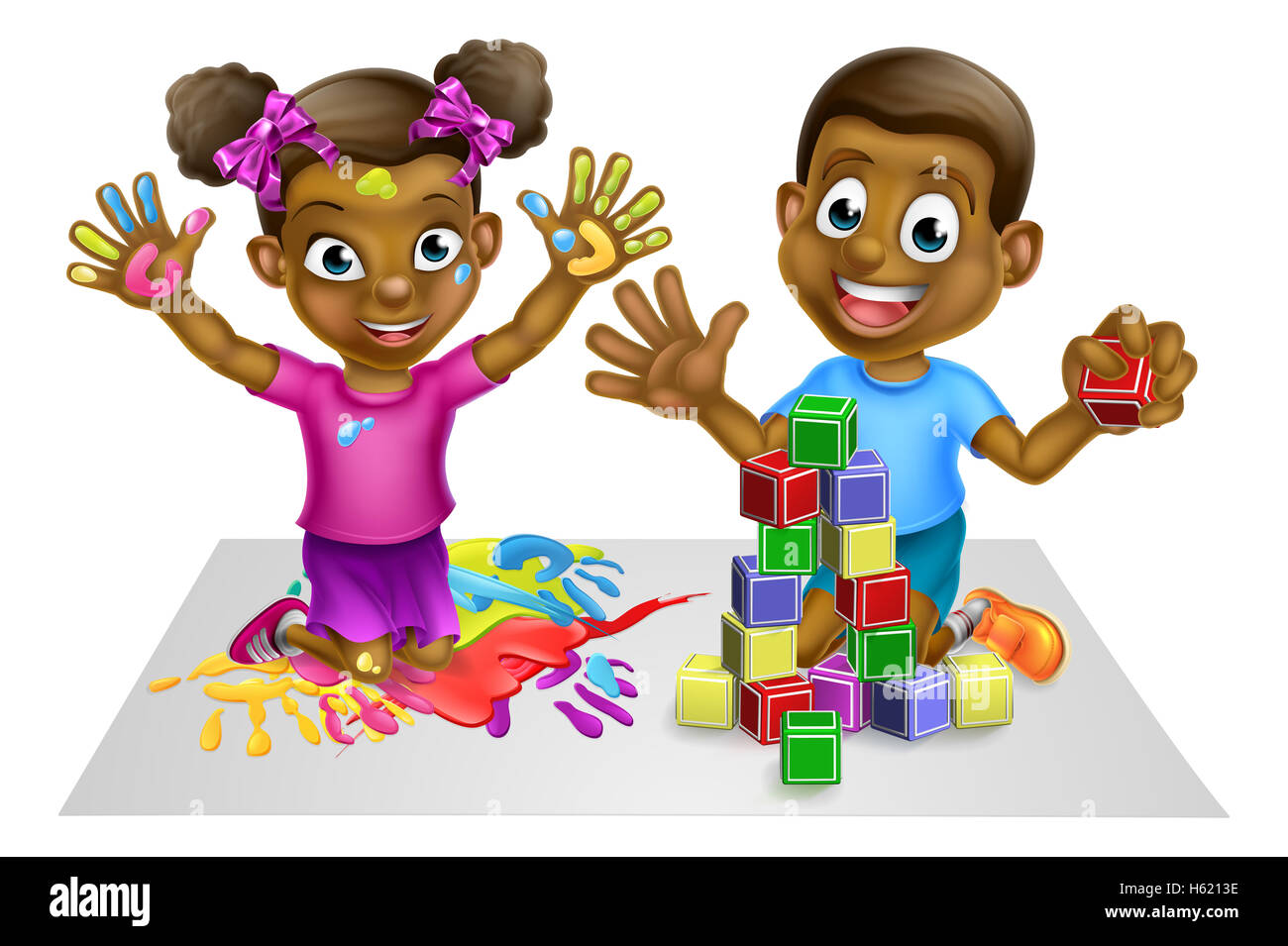 Cartoon black boy and girl playing with toys, with paints and toy ...